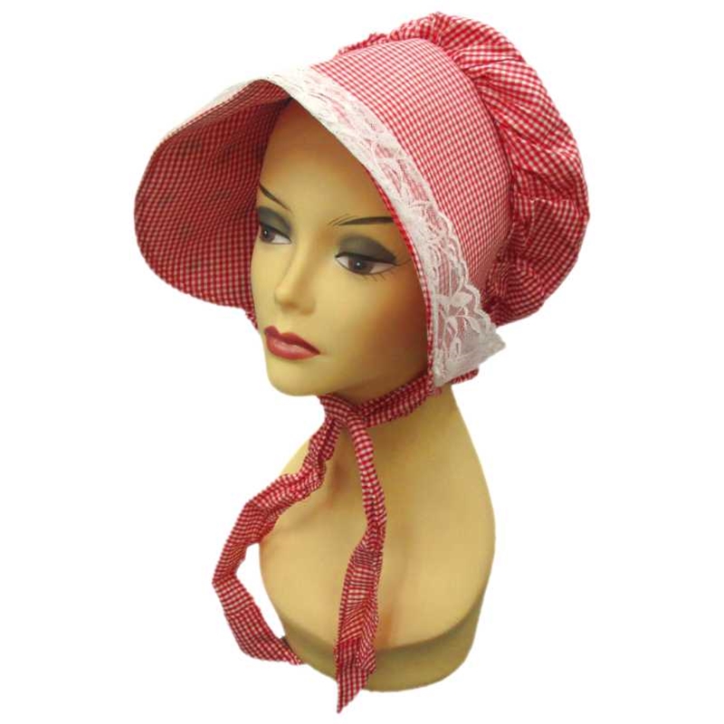 Red Gingham Bonnet with Lace Trim